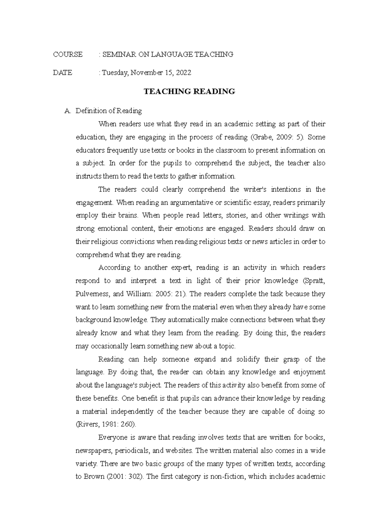 Teaching Reading - Seminar on Language Teaching - COURSE : SEMINAR ON ...