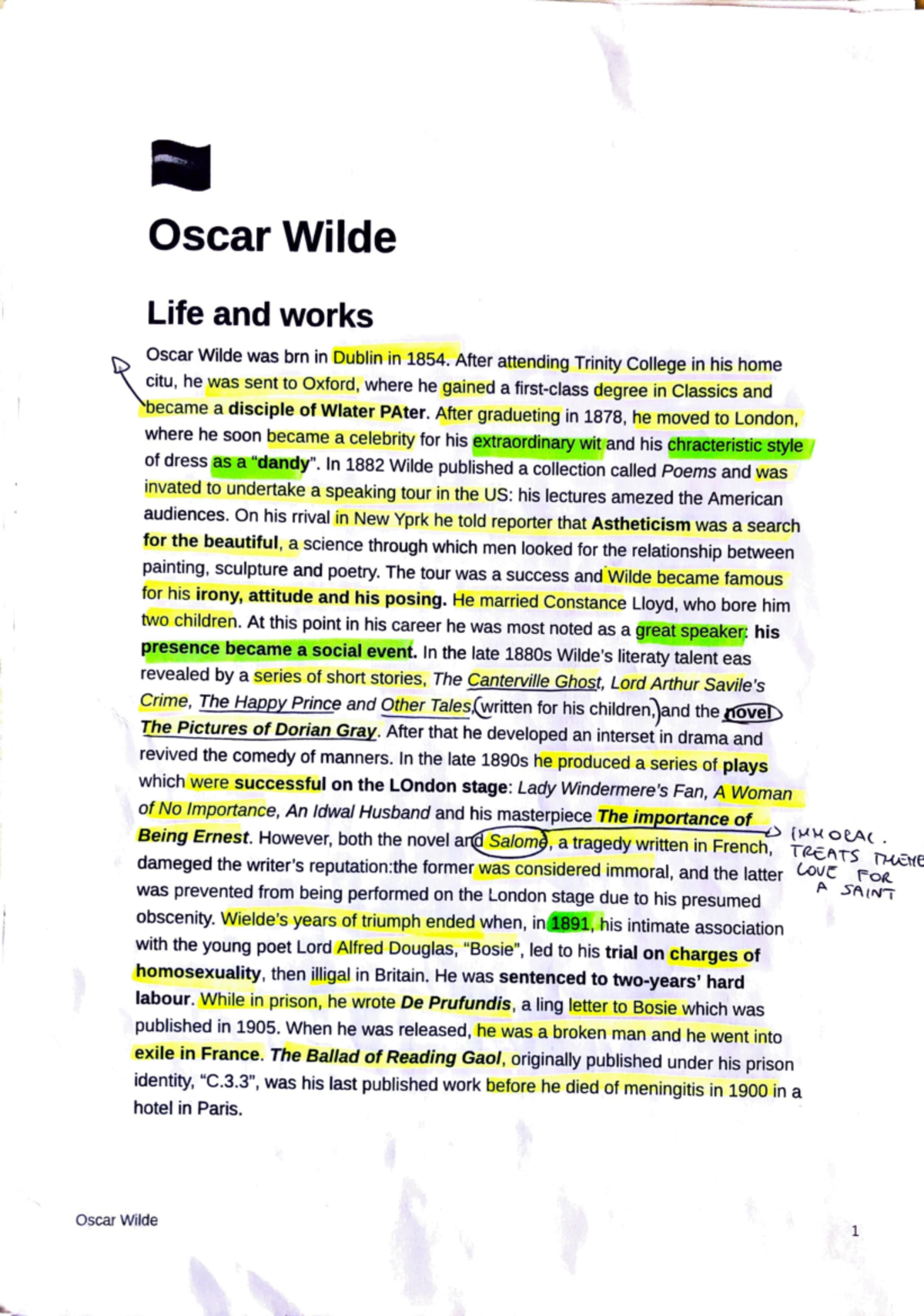 Inglese - • Oscar Wilde Life and works Oscar Wilde was brn in Dublin in ...