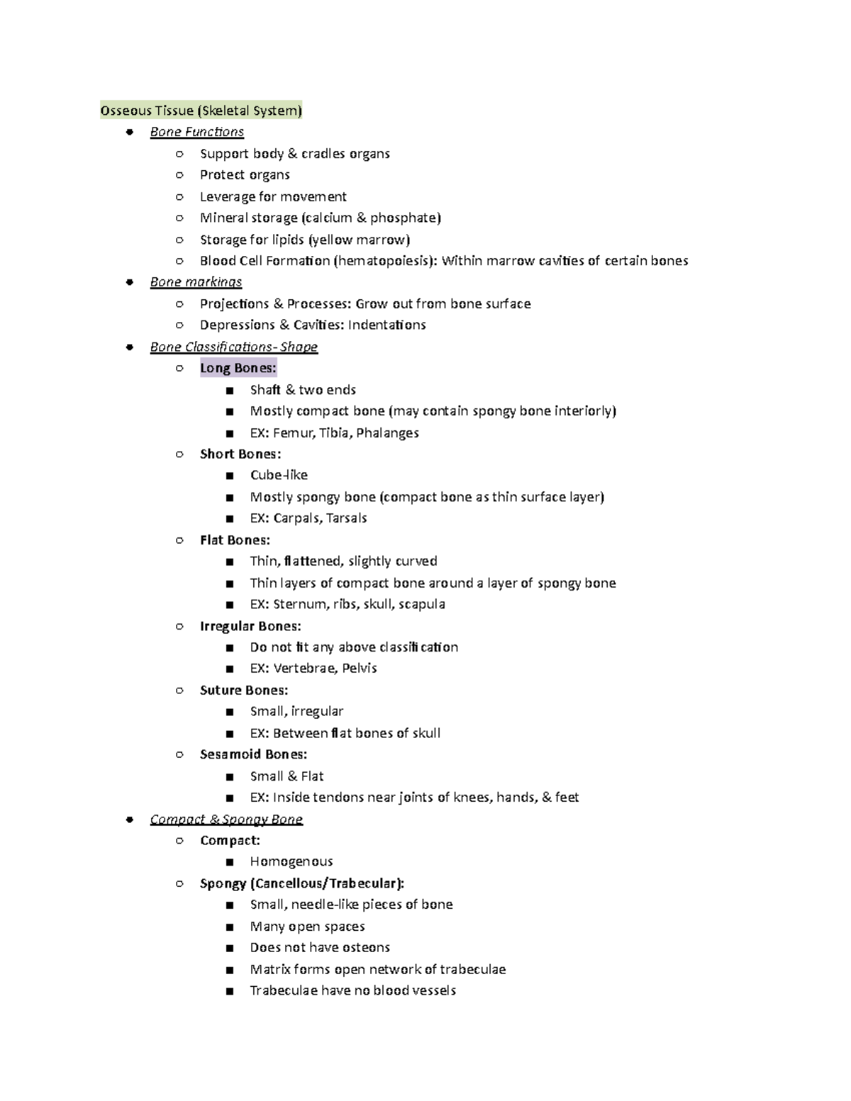 Skeletal system Notes - Osseous Tissue (Skeletal System) Bone Funcons ...