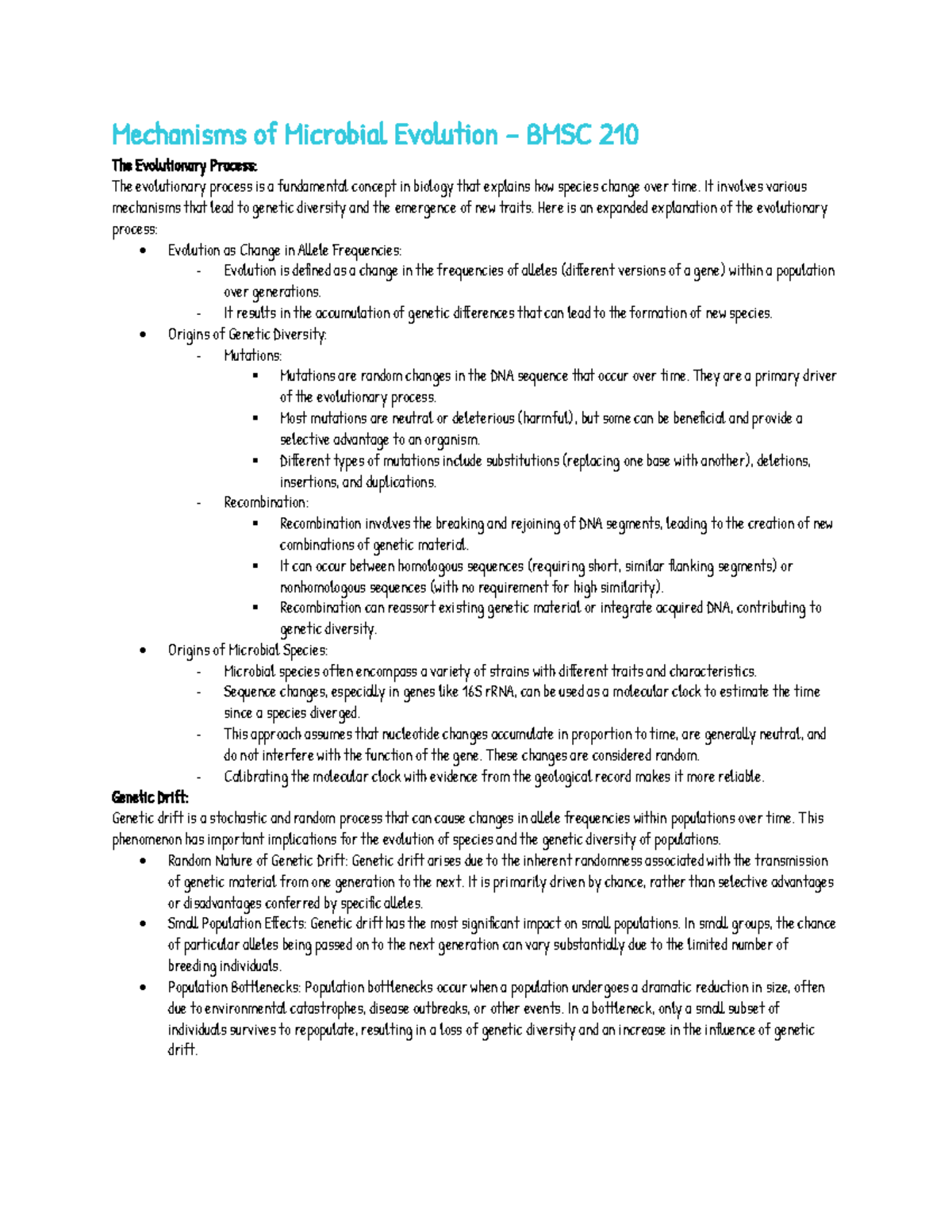 Mechanisms of Microbial Evolution - BMSC 210 - It involves various ...