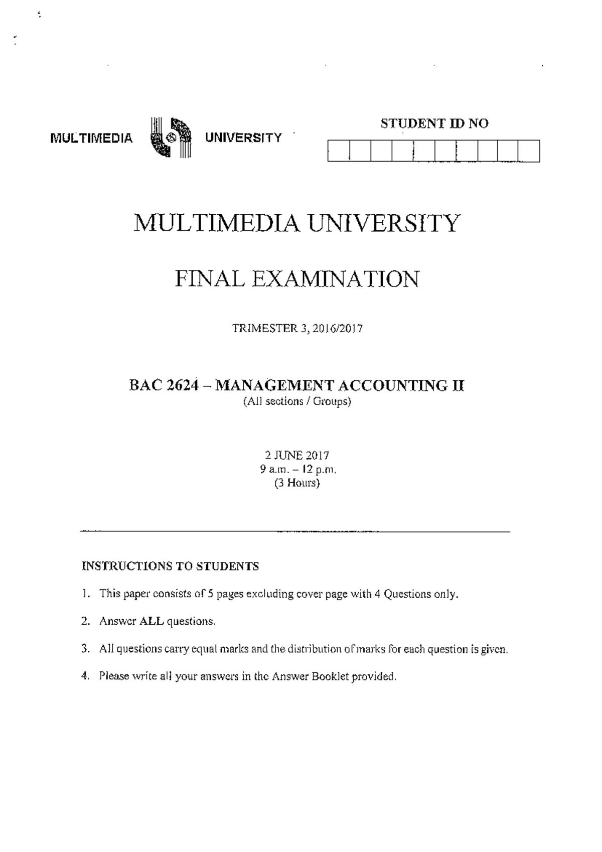 Past year papers - Management Accounting 2 - Studocu