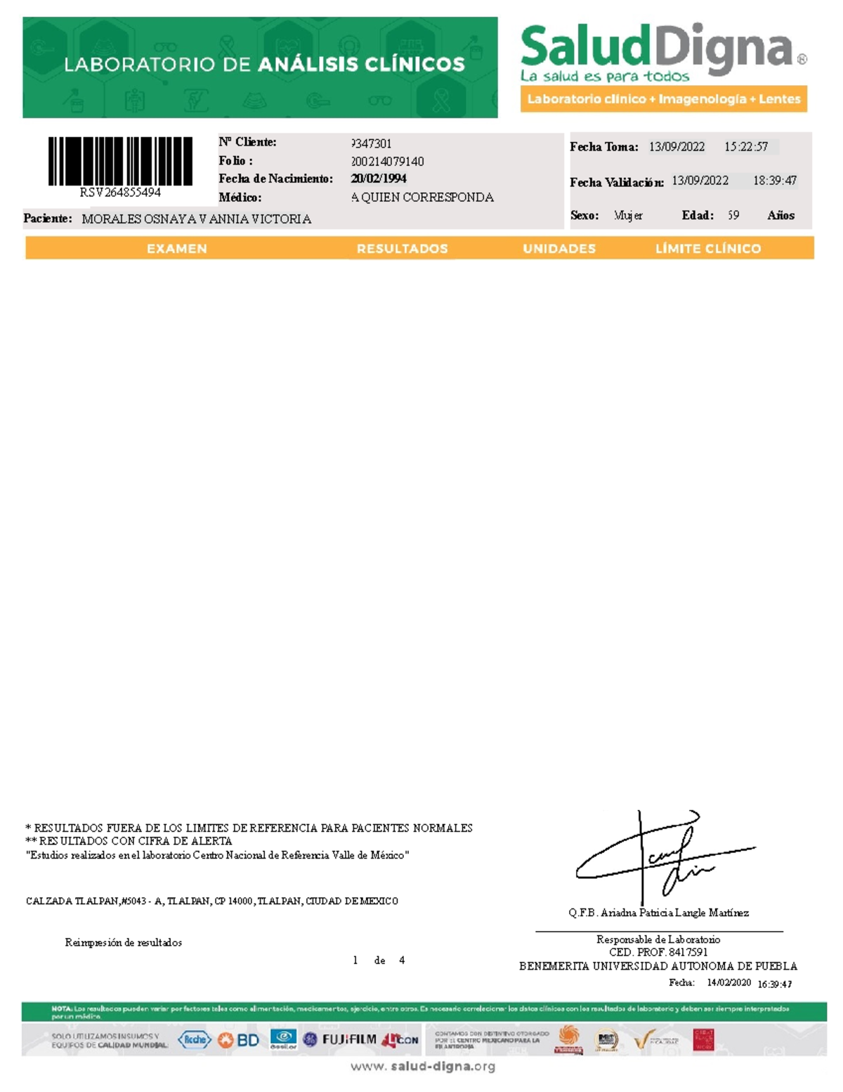 Resultados PCR Salud Digna - Folio : 200214079140 9347301 69 A QUIEN ...