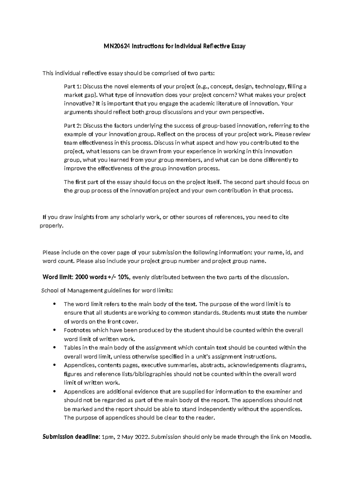 Essay Instructions - MN20624 Instructions for Individual Reflective ...