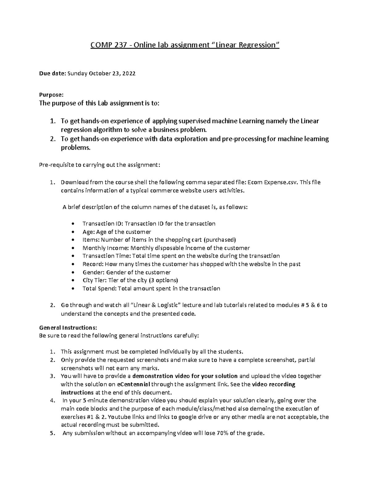 Assignment 3 Linear - COMP 237 - Online lab assignment “Linear ...