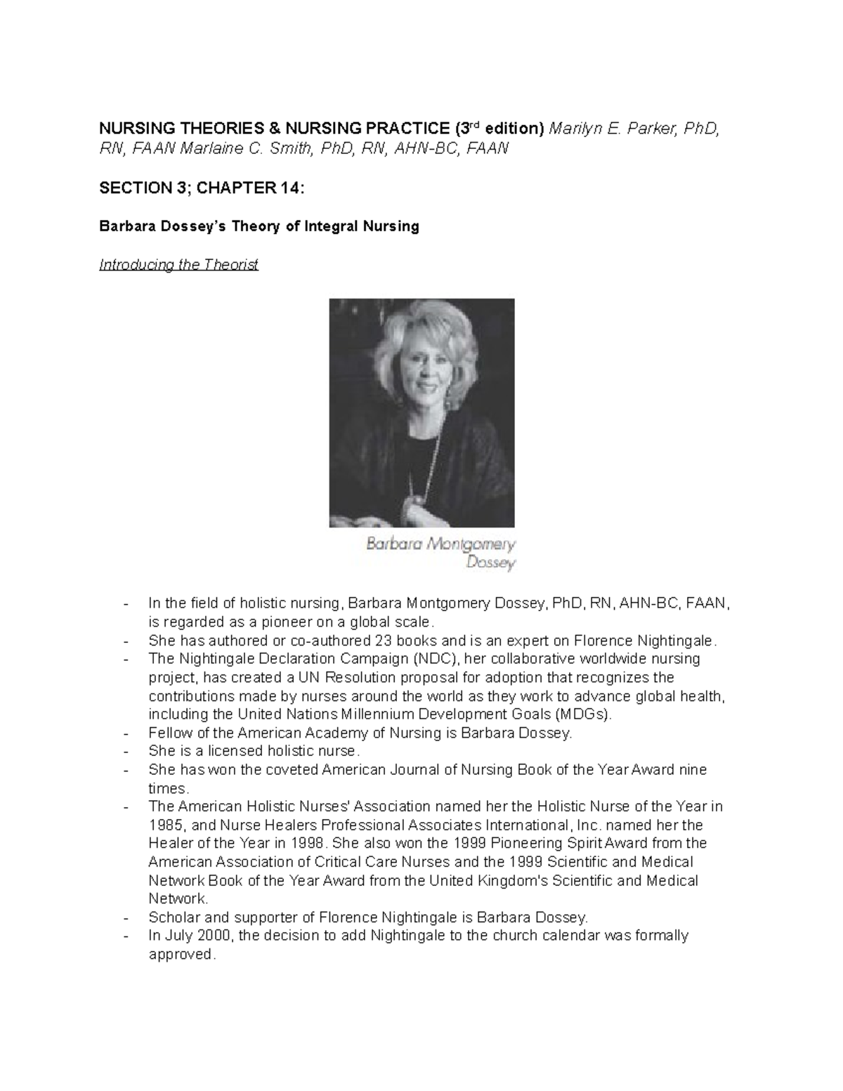 Barbara Dossey - Lecture notes for TFN - NURSING THEORIES & NURSING ...