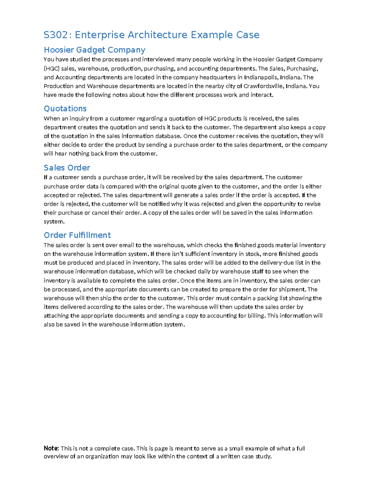 EA Sample Case - Hoosier Gadget Company - S302: Enterprise Architecture ...