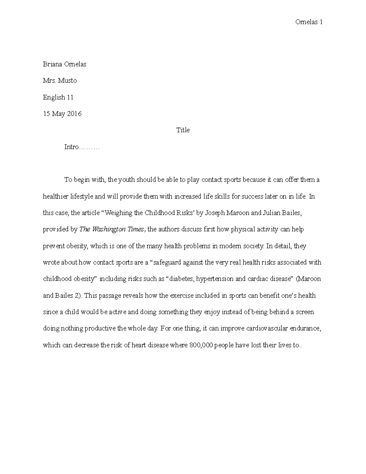 3 Contact Sports - essay - Ornelas 1 Briana Ornelas Mrs. Musto English ...