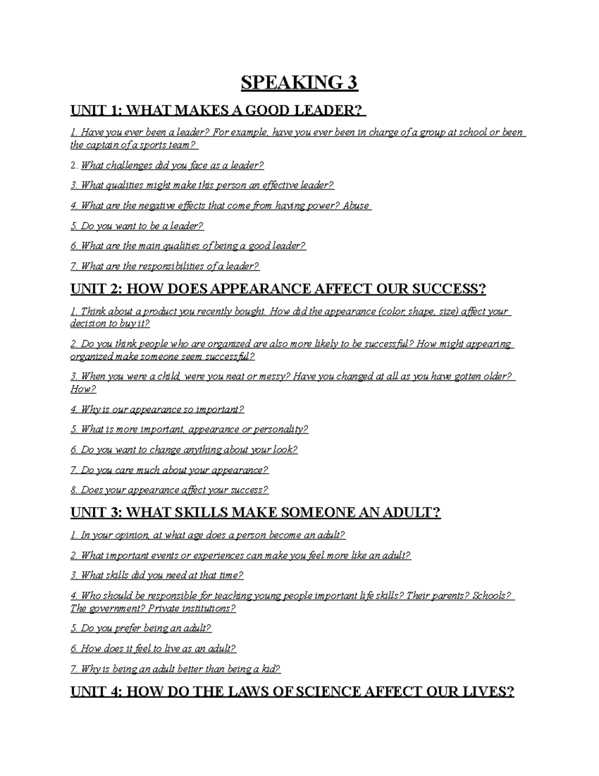 Speaking-3 - fffffffffffffffffffffffffffff - SPEAKING 3 UNIT 1: WHAT ...