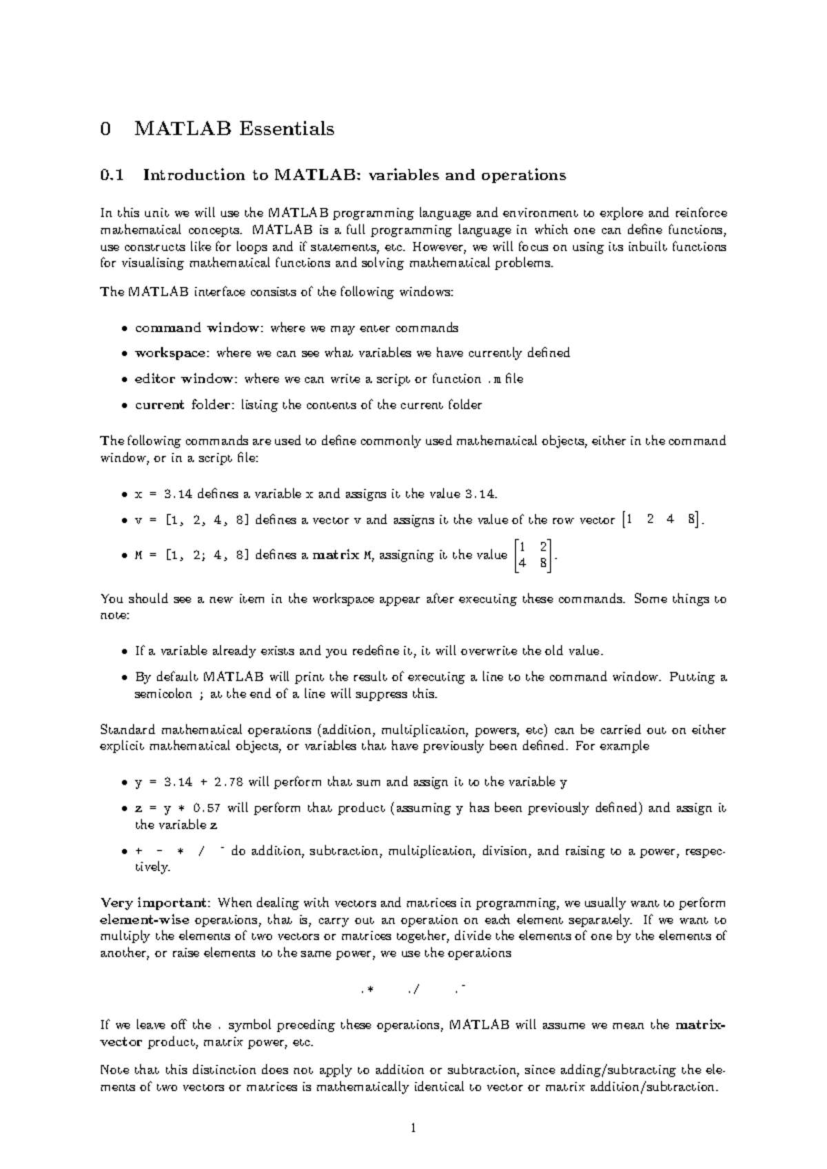 0 matlab essentials - 0 MATLAB Essentials 0 Introduction to MATLAB: variables and operations In ...