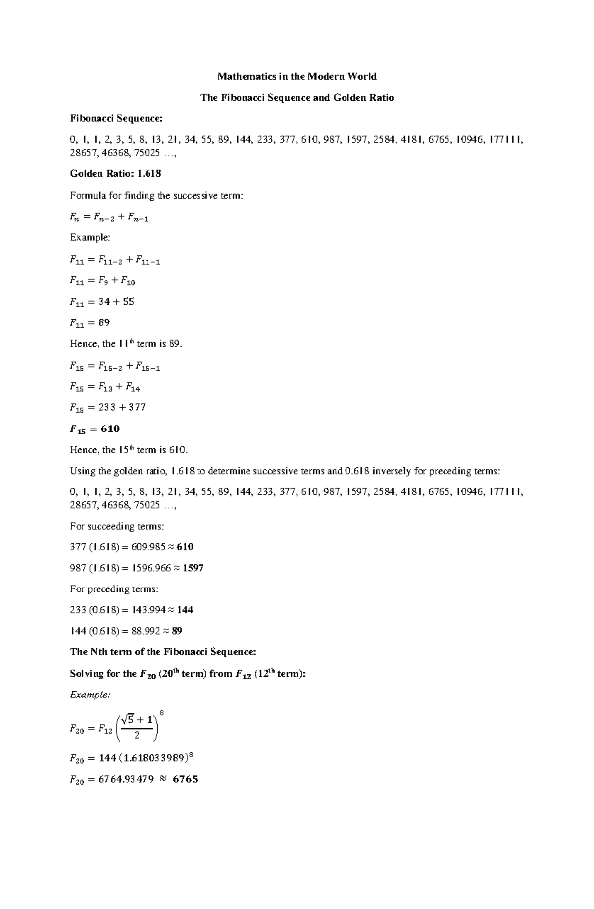 MMW Fibonacci Sequence Samples - Mathematics in the Modern World The ...