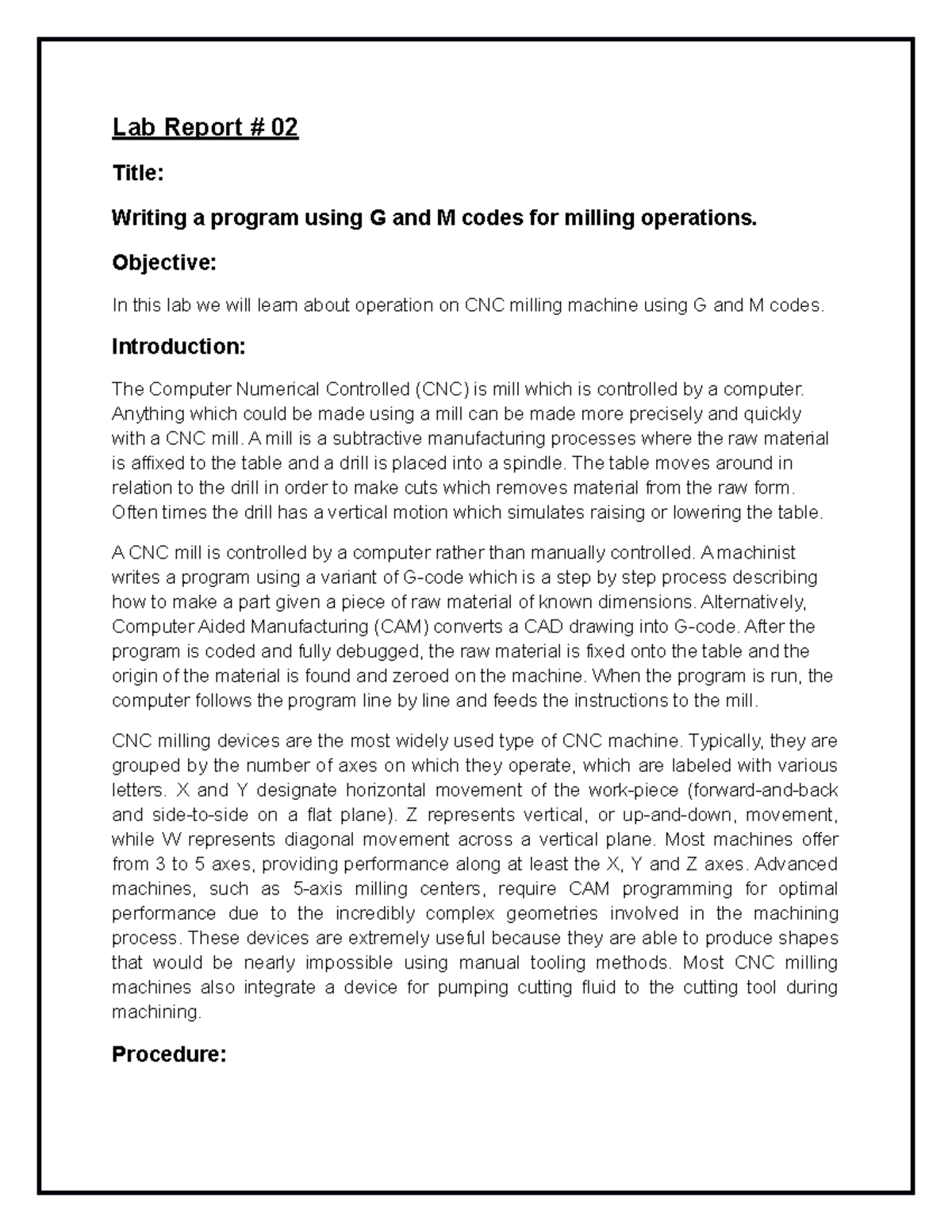 Lab Report # 02 - Lab Report # 02 Title: Writing a program using G and M codes for milling - Studocu