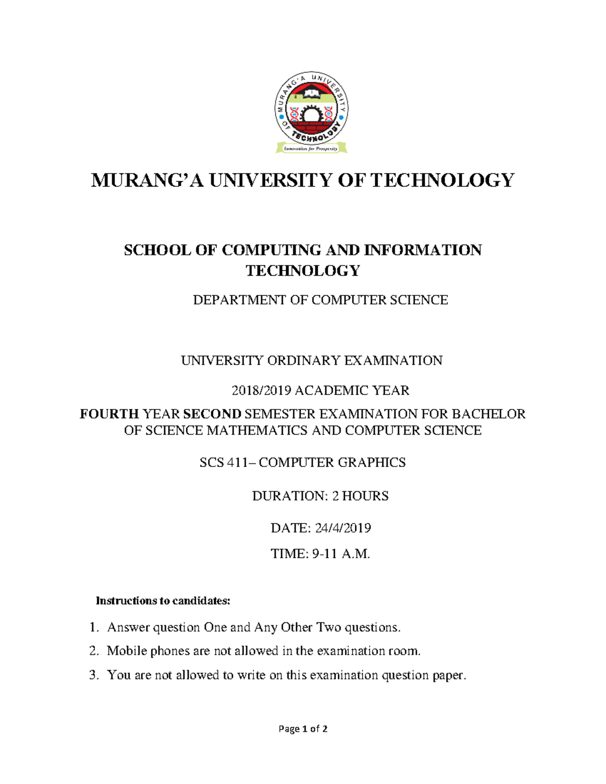 SCS 411 Computer Graphics - Page 1 of 2 MURANG’A UNIVERSITY OF ...