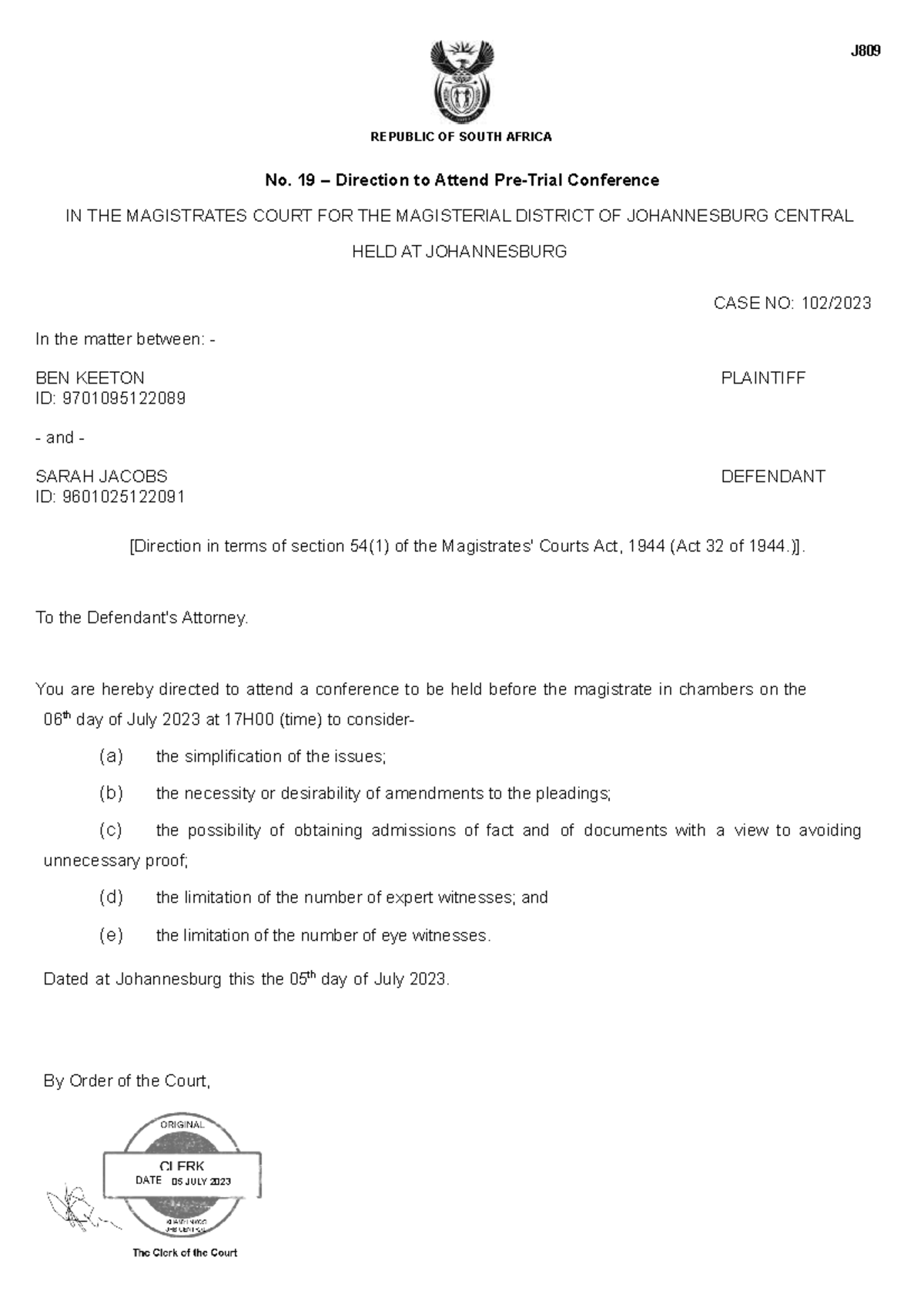 Direction to Attend Pre-Trial Conference - BEN Keeton - REPUBLIC OF ...