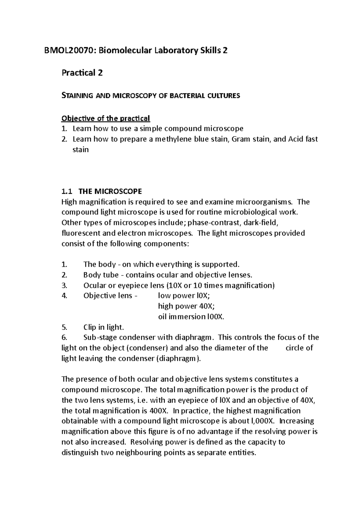 Biomolecular lab skills Lab manual 2 - BMOL20070: Biomolecular ...