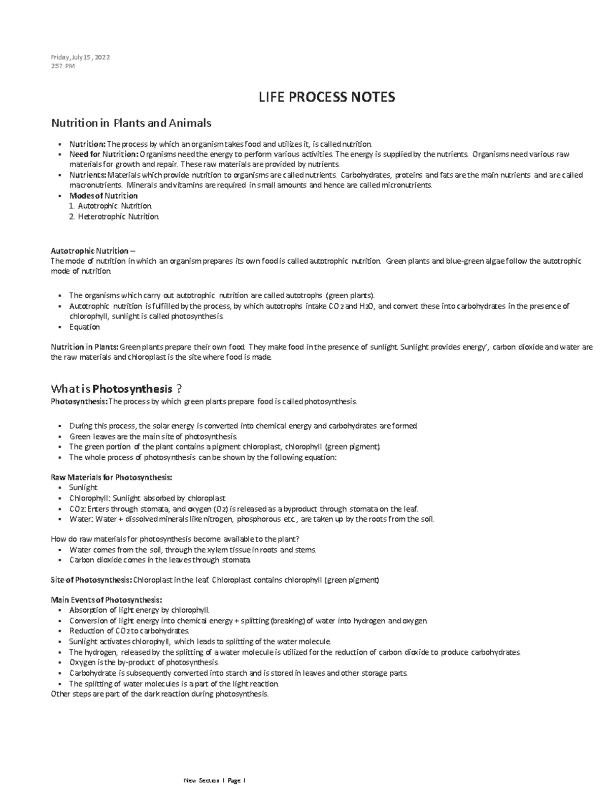 LIFE Process Notes - LIFE PROCESS NOTES • Nutrition: The process by ...