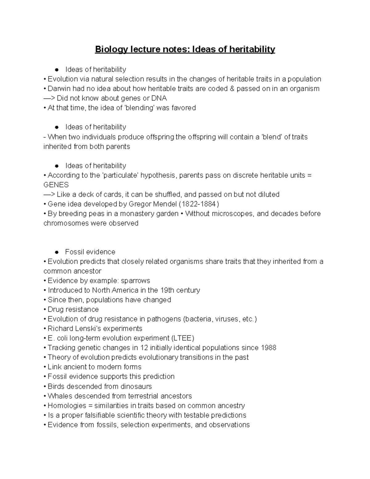 Biology lecture notes Ideas of heritability - ) Richard Lenski’s ...