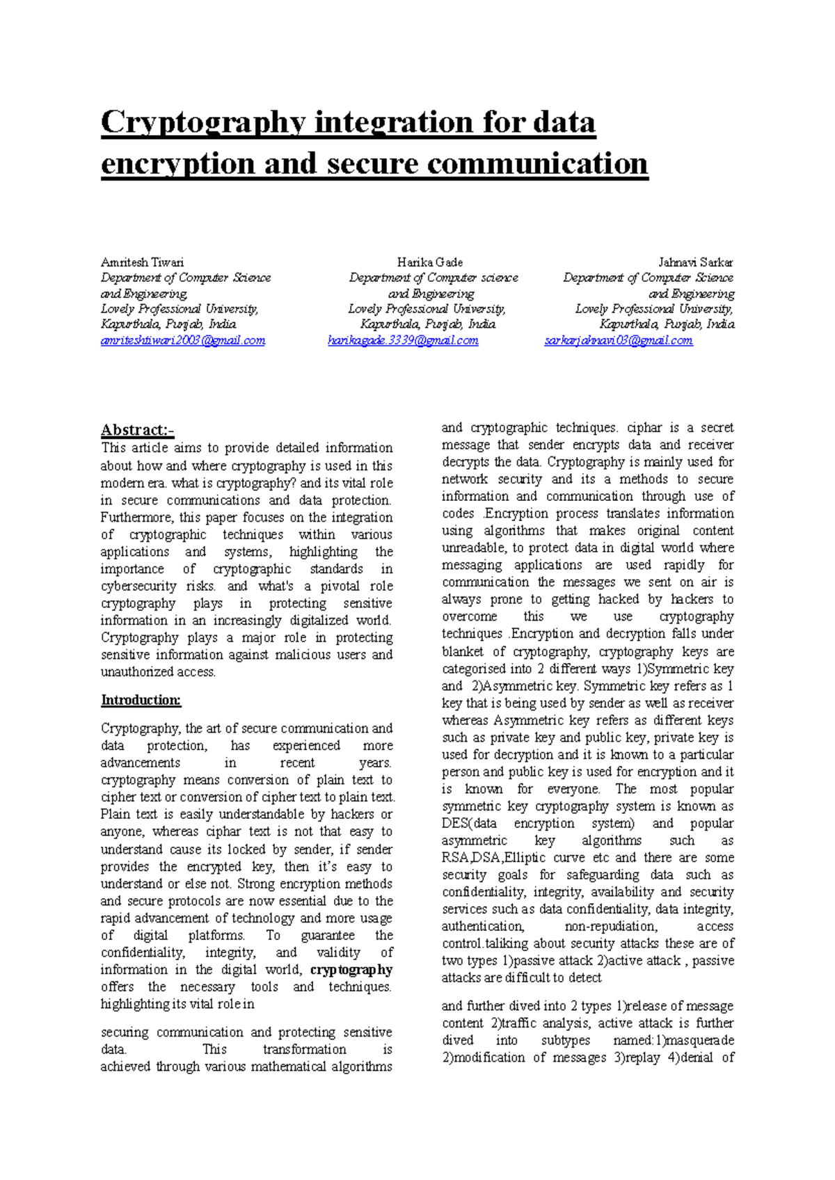 Research paper - cryptography - Cryptography integration for data encryption and secure - Studocu