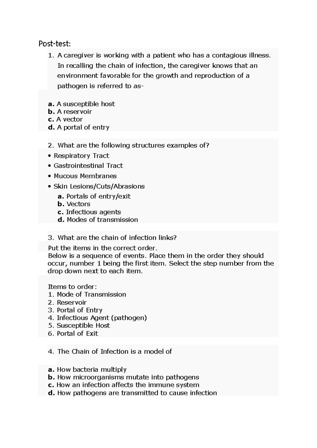 Post- Test Infection Control - Post-test: 1. A caregiver is working ...