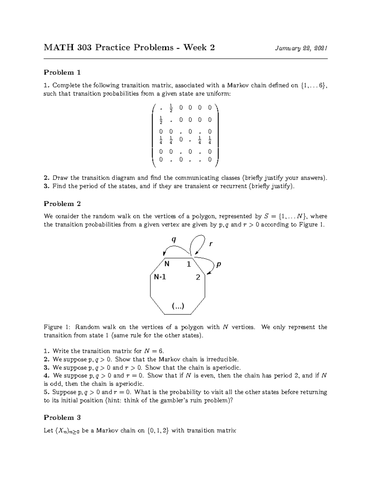 MATH 303 Problems 2 - none - MATH 303 Practice Problems - Week 2 Jamuary 22, 2021 Problem 1 1 ...
