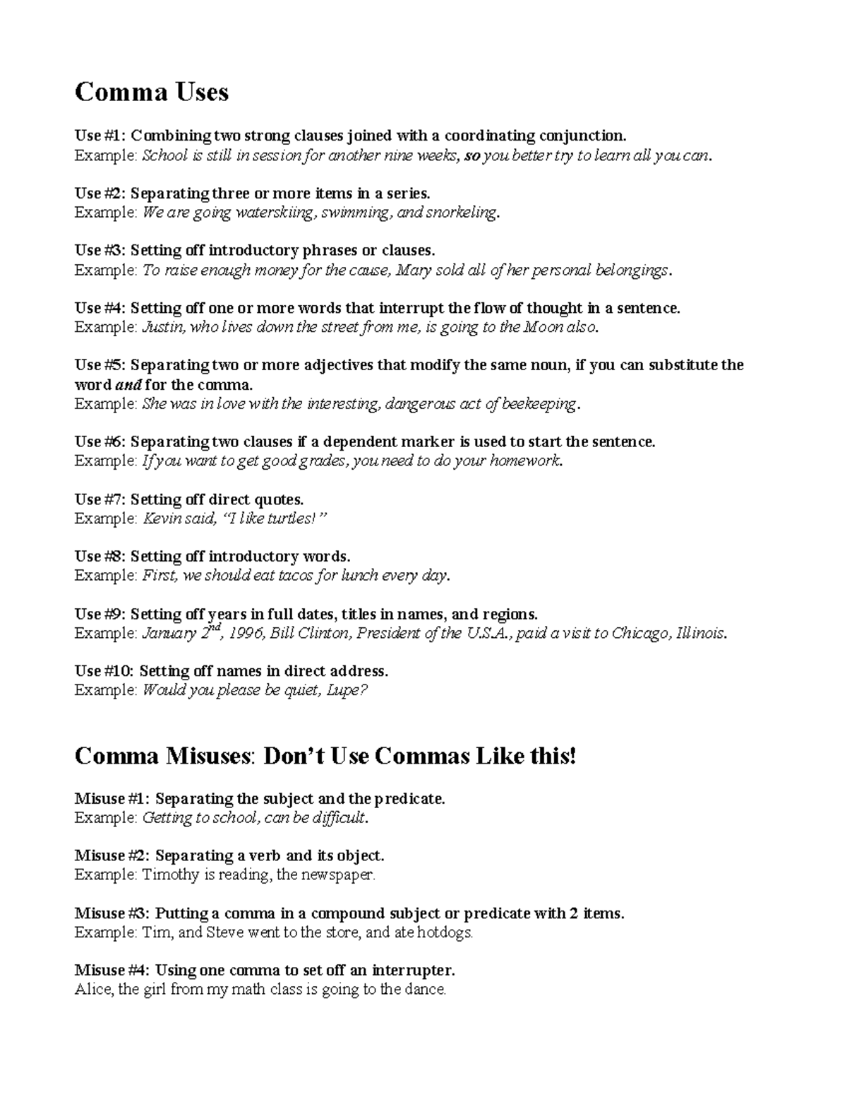 Comma-uses-handout - Copy - Comma Uses Use #1: Combining two strong ...