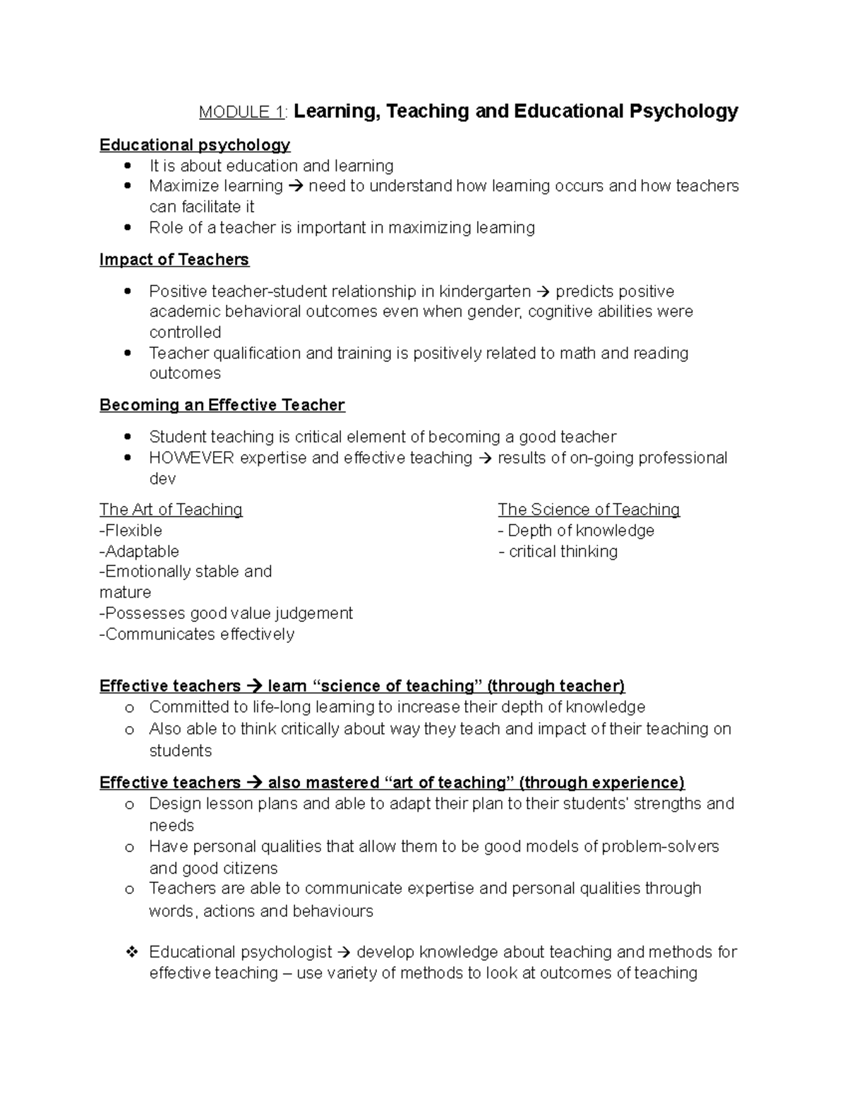 Module 1 - Notes - MODULE 1: Learning, Teaching and Educational ...