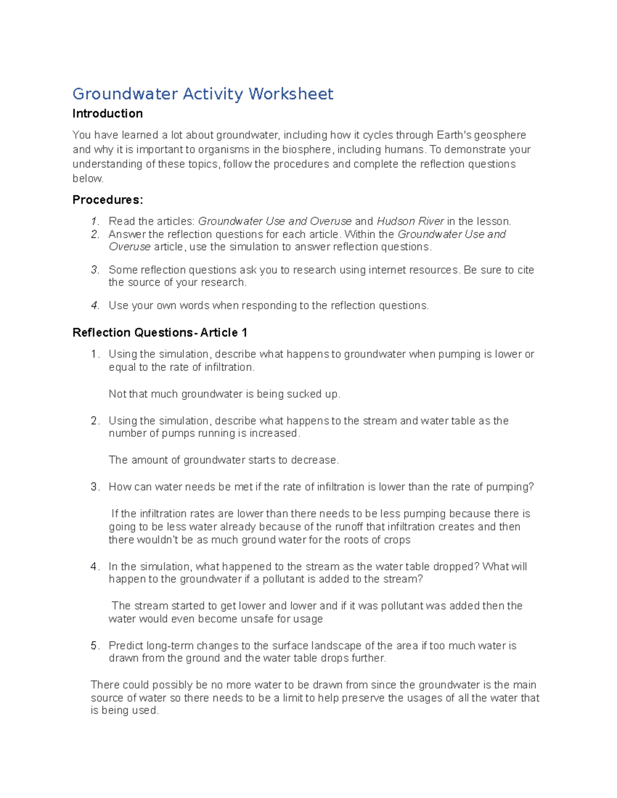 Groundwater activity worksheet - Groundwater Activity Worksheet ...