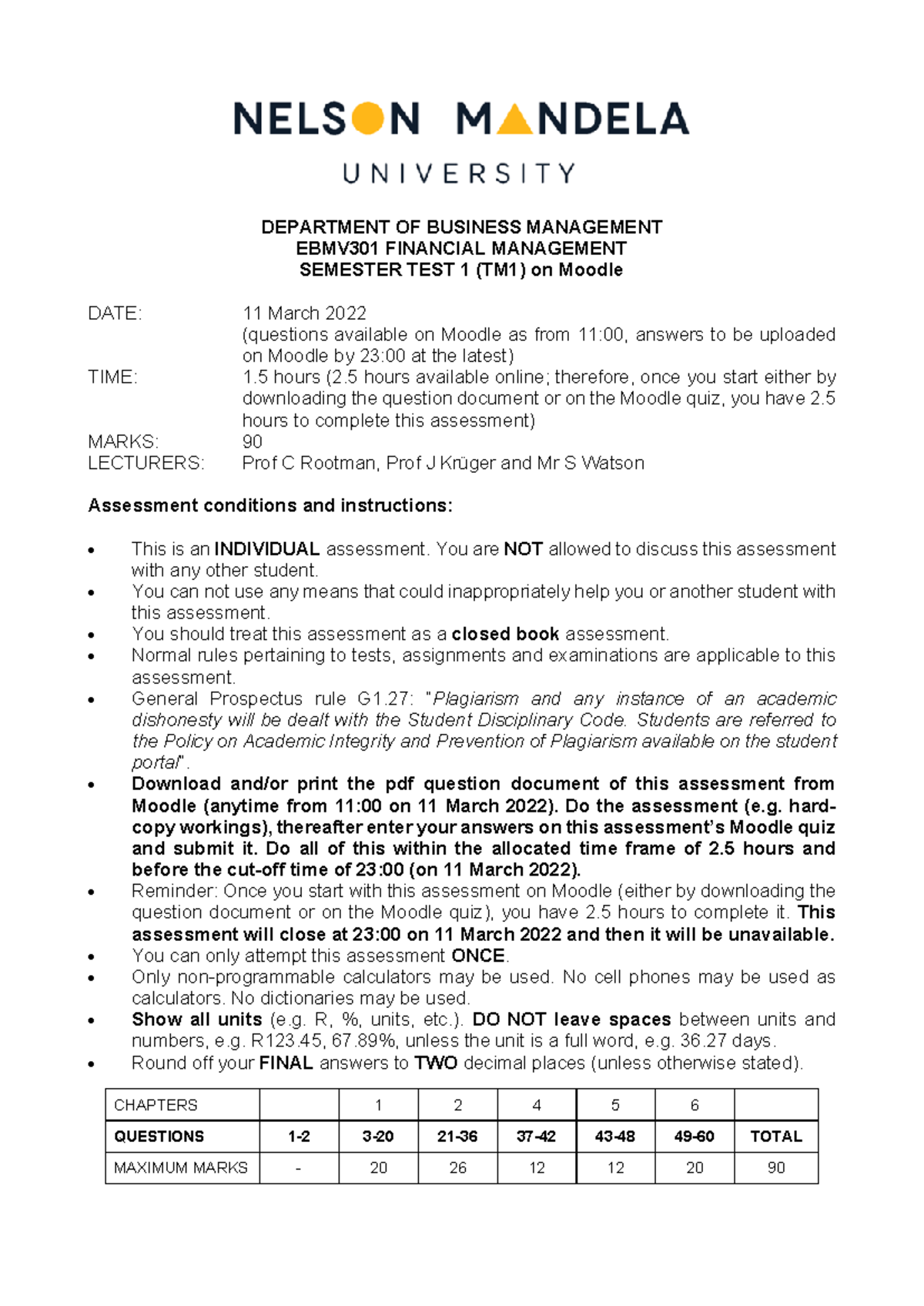 2022 EBMV301 TM1 Questions - DEPARTMENT OF BUSINESS MANAGEMENT EBMV301 ...