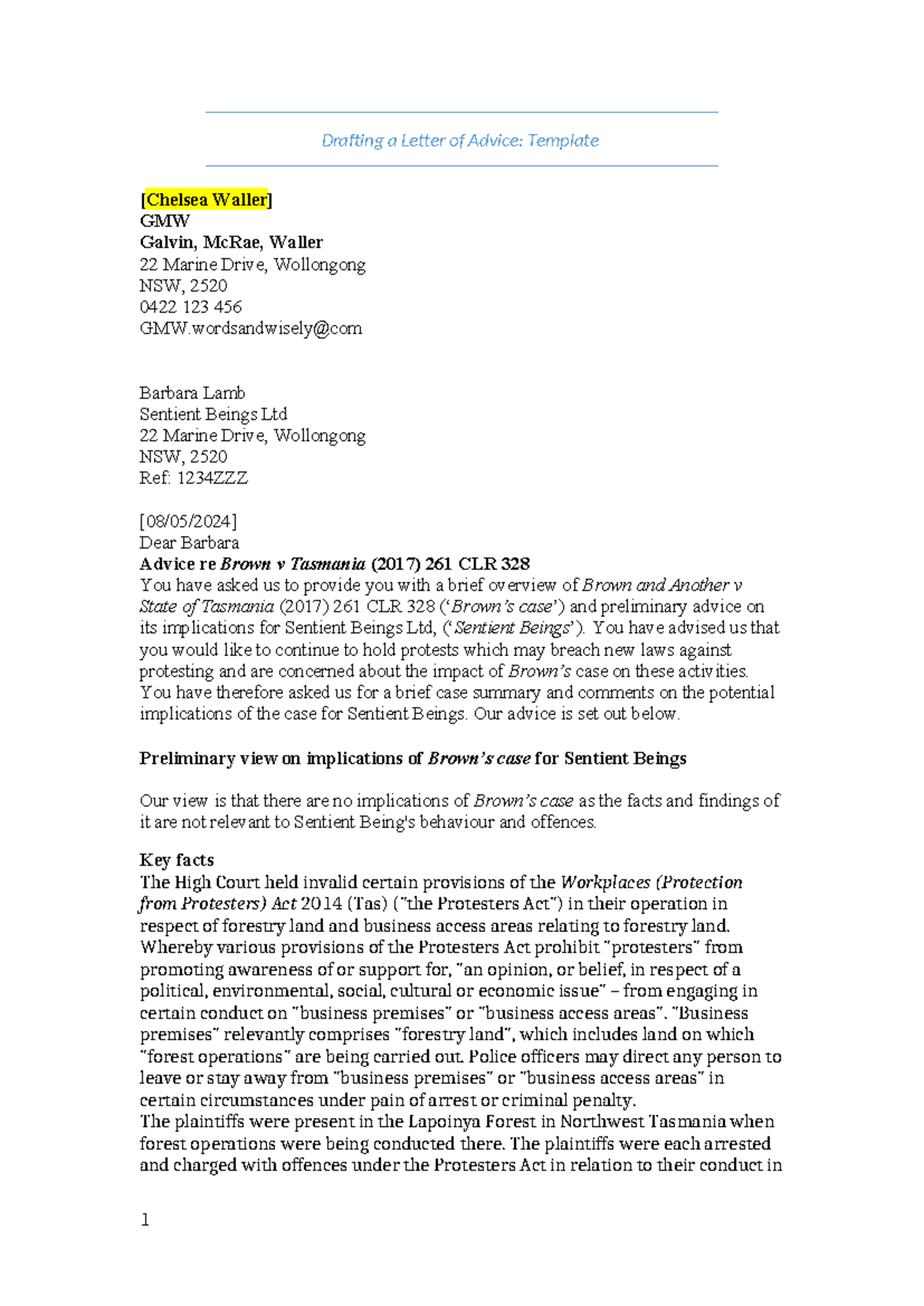 1. LLB1115 Seminar Worksheet Week 10 - Drafting a Letter of Advice ...