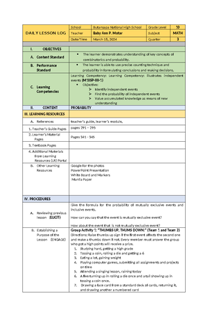 Lesson plan for percentiles for ungrouped data (local demo) 2 - DAILY LESSON LOG School ...