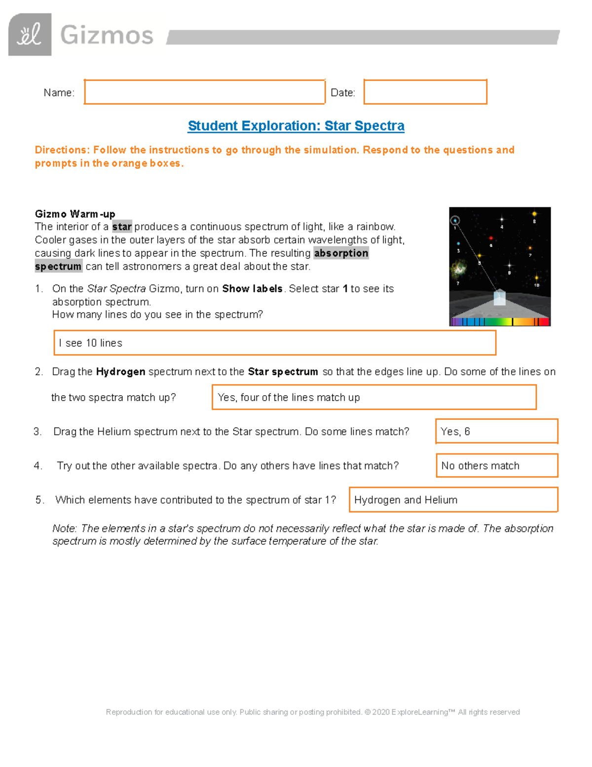 Gizmos Star Spectra - Name: Date: Student Exploration: Star Spectra ...