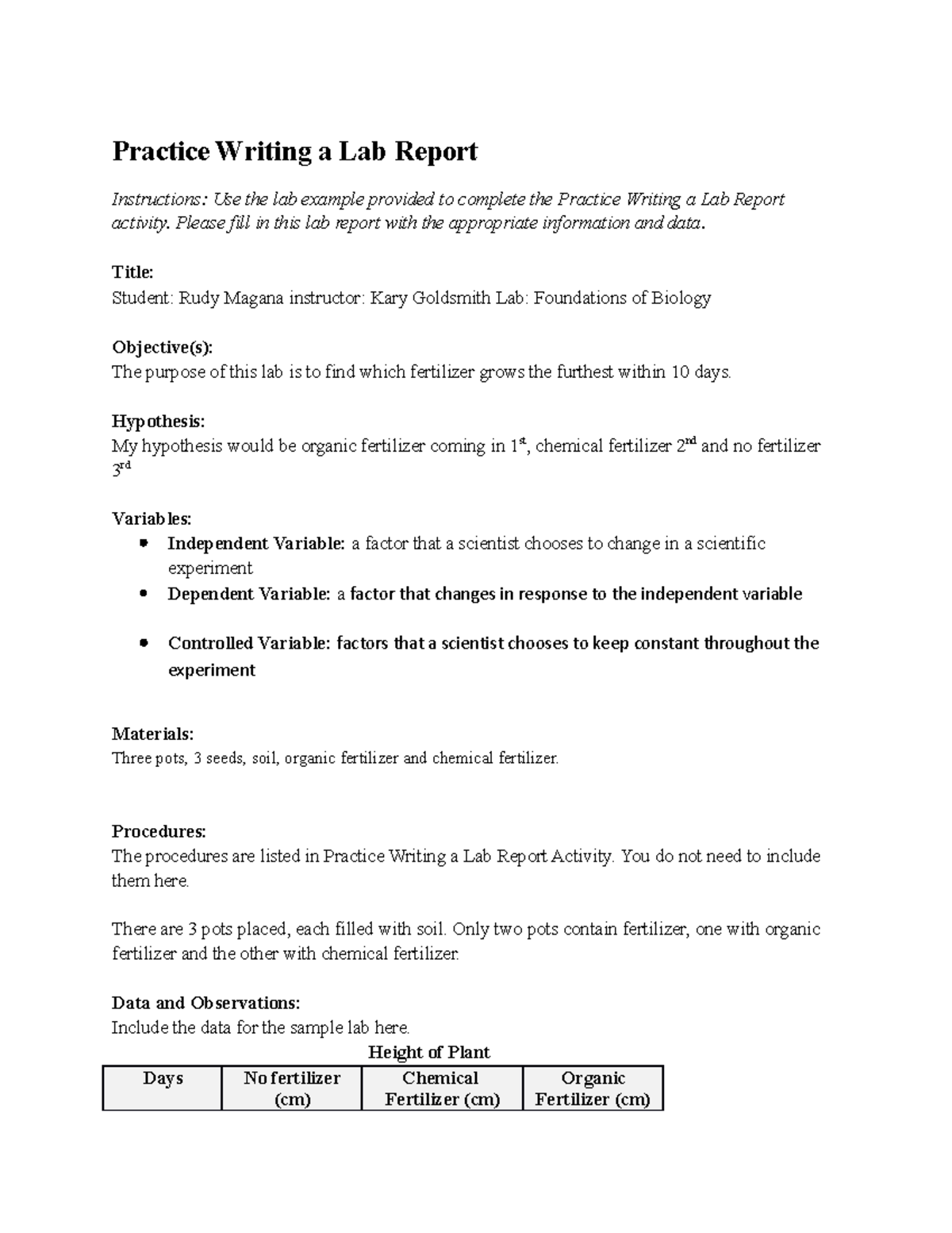 1 01 Exploring Life 1 - Practice Writing A Lab Report Instructions: Use