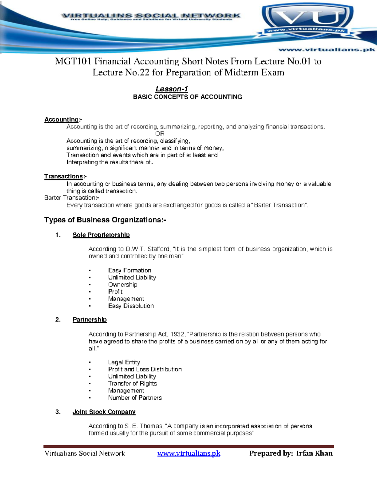 MGT101 Short Notes Midterm - MGT101 Financial Accounting Short Notes ...