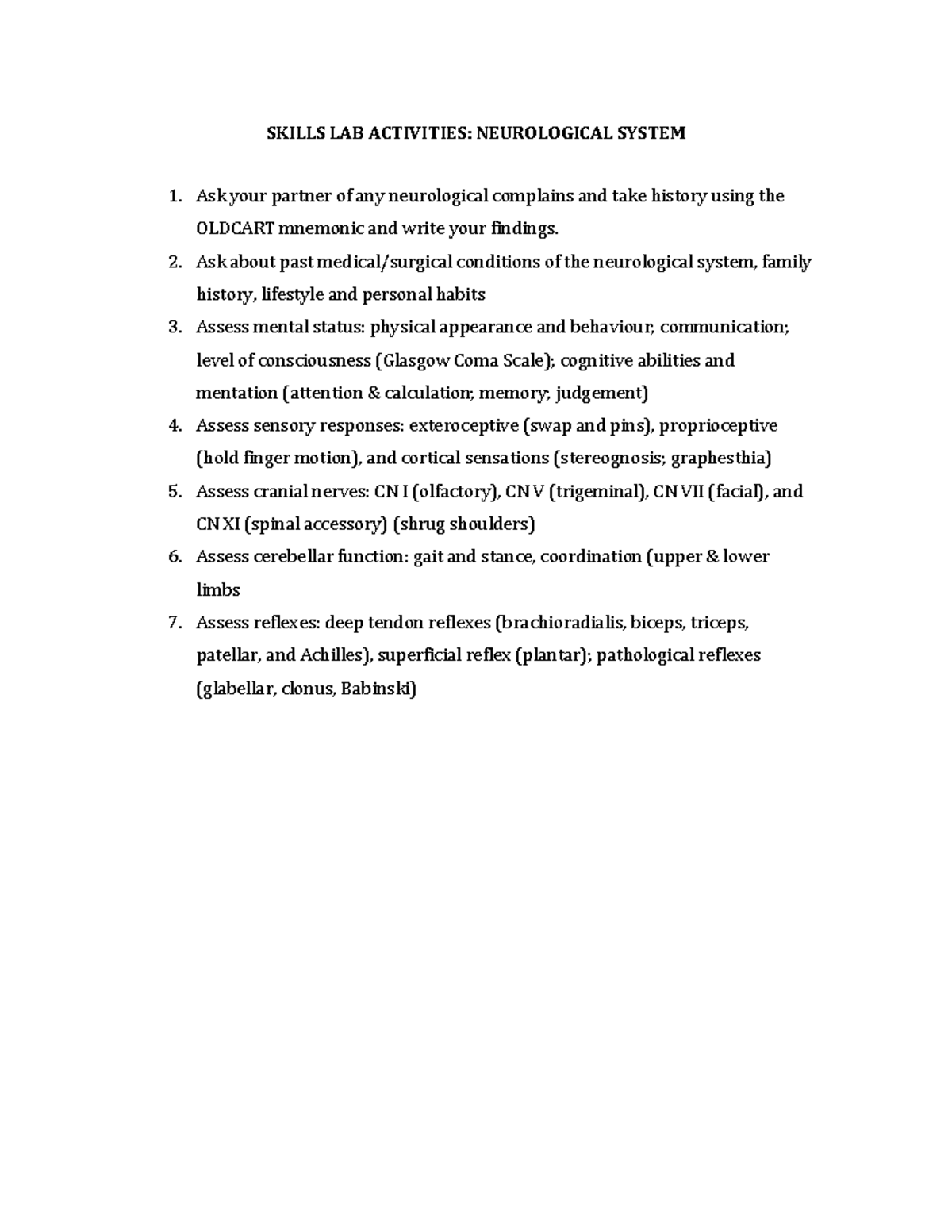 7. Neurological System Skills LAB Activities - SKILLS LAB ACTIVITIES ...