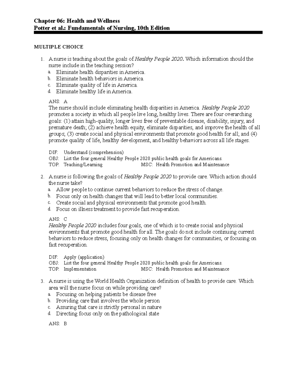 C6 - Summary Nursing - Chapter 06: Health and Wellness Potter et al ...