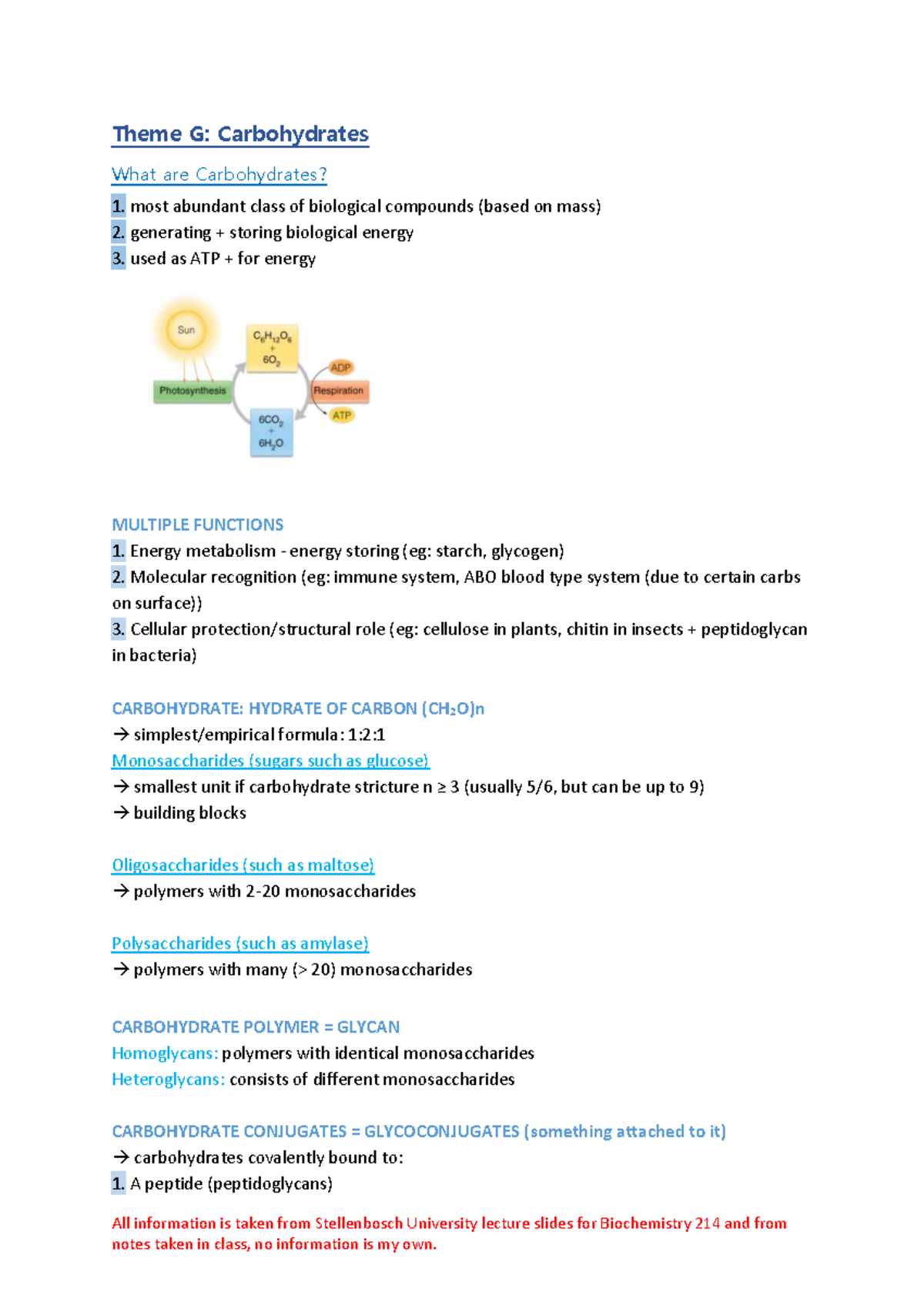 Theme G - Carbohydrates (27 pages) - All information is taken from ...