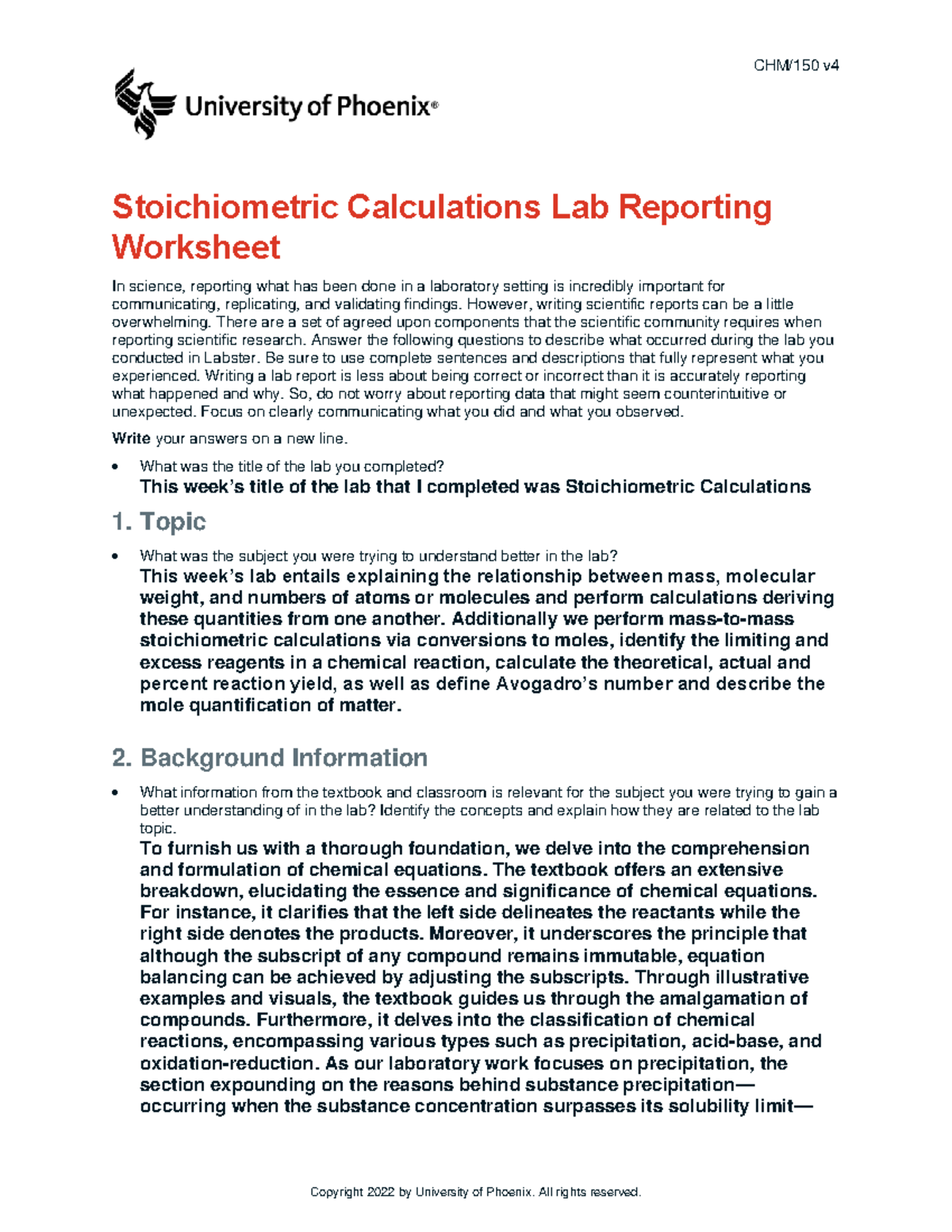 Week 6 Lab - Science - CHM/150 v Stoichiometric Calculations Lab ...