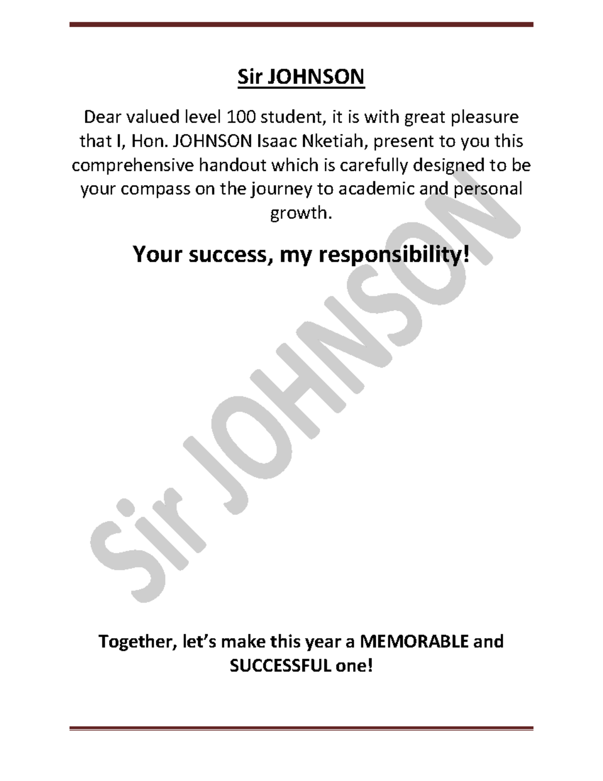 Sir Johnson@Linear Algebra - Sir JOHNSON Dear valued level 100 student ...