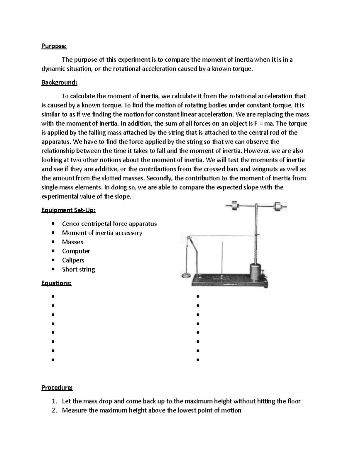 Exp 9 Torque and Moment of Inertia - Purpose: The purpose of this ...