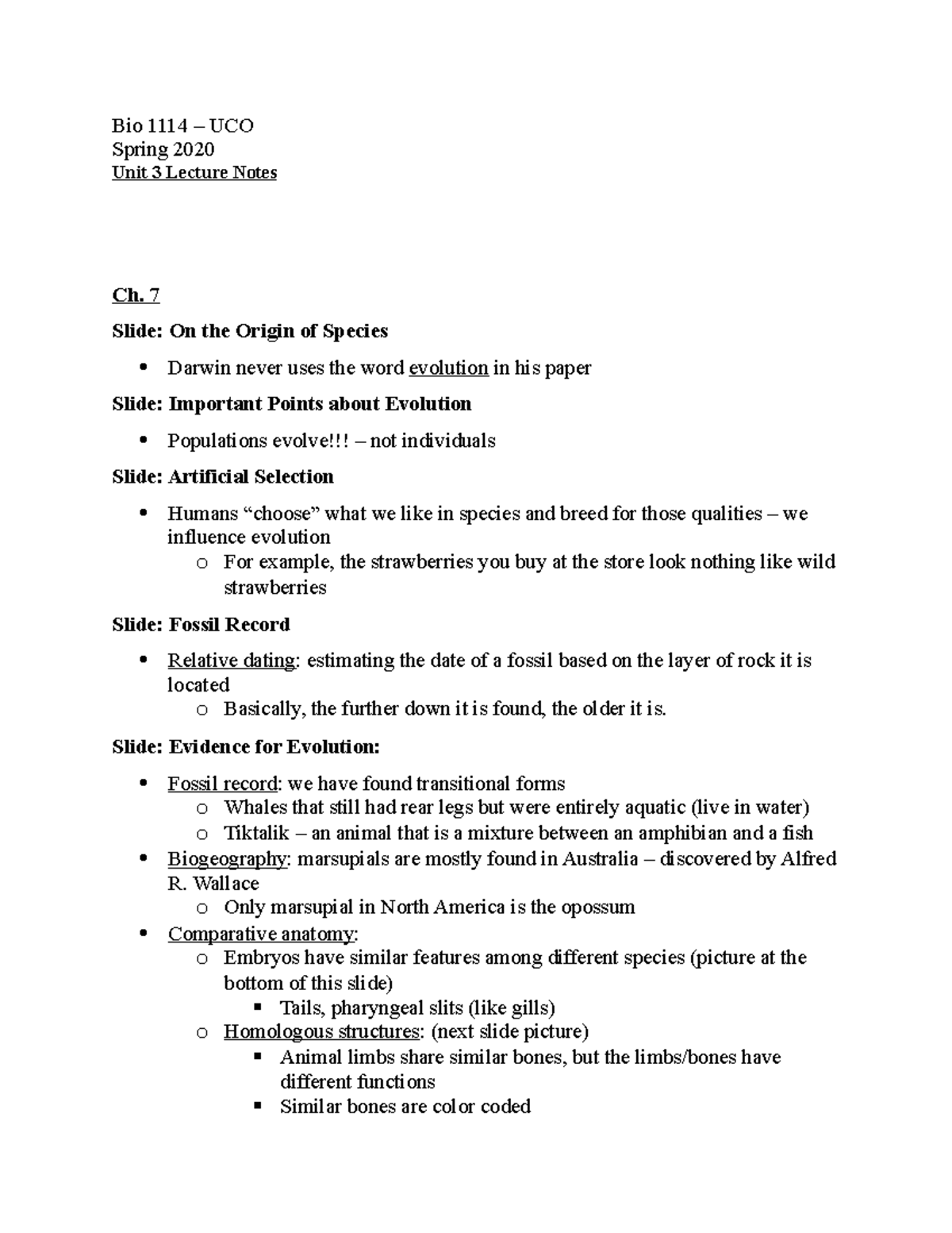 Bio 1114 - Rose - Bio 1114 – UCO Spring 2020 Unit 3 Lecture Notes Ch. 7 ...