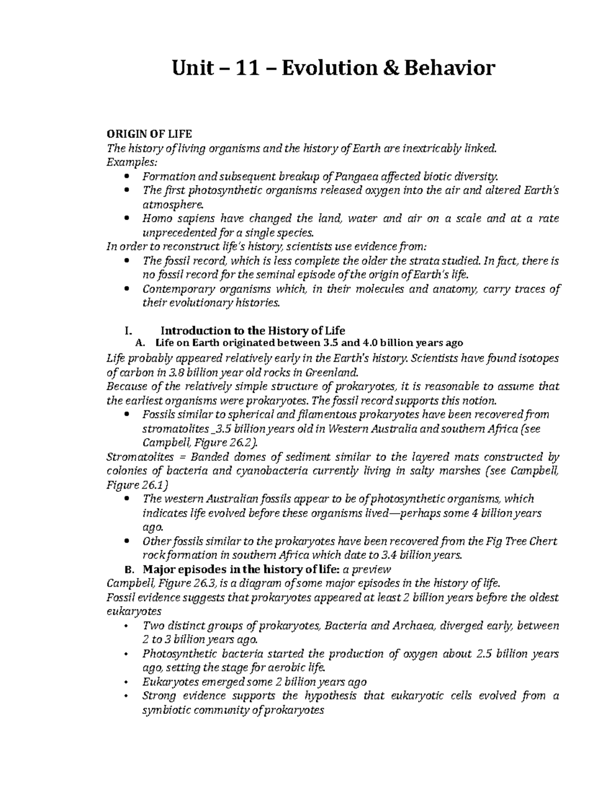 MOD 11 NOTE Final (Edited)) - Unit – 11 – Evolution & Behavior ORIGIN ...