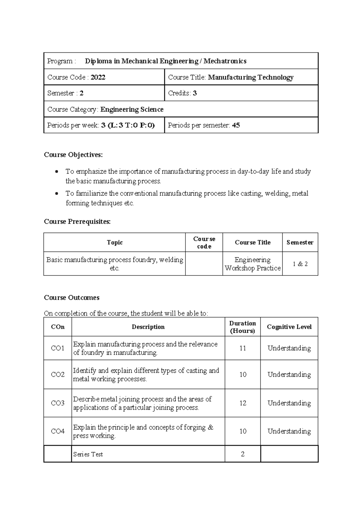 2022 - Syllabus - Program : Diploma in Mechanical Engineering / Mechatronics Course Code : 2022 ...