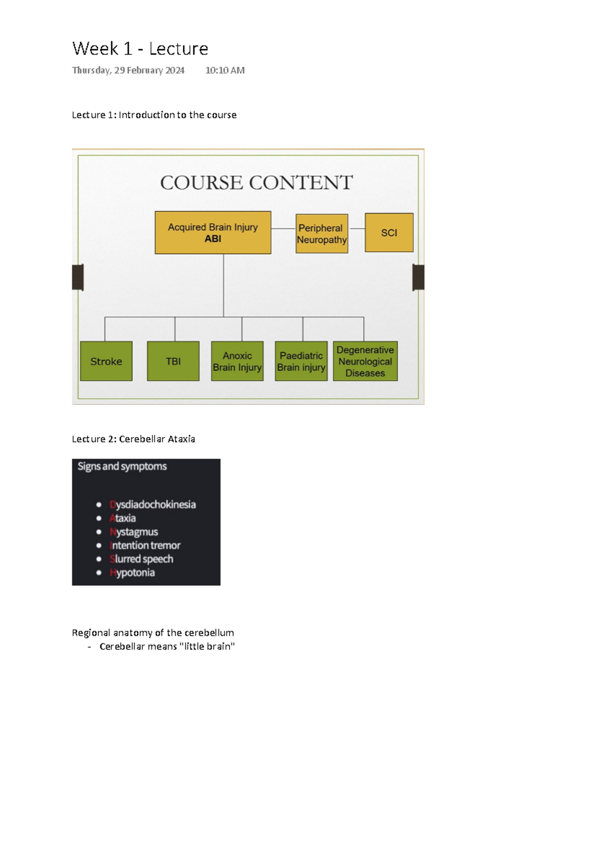 PHTY3070 Week 1 - Lecture 1: Introduction to the course Lecture 2: Cerebellar Ataxia Regional ...