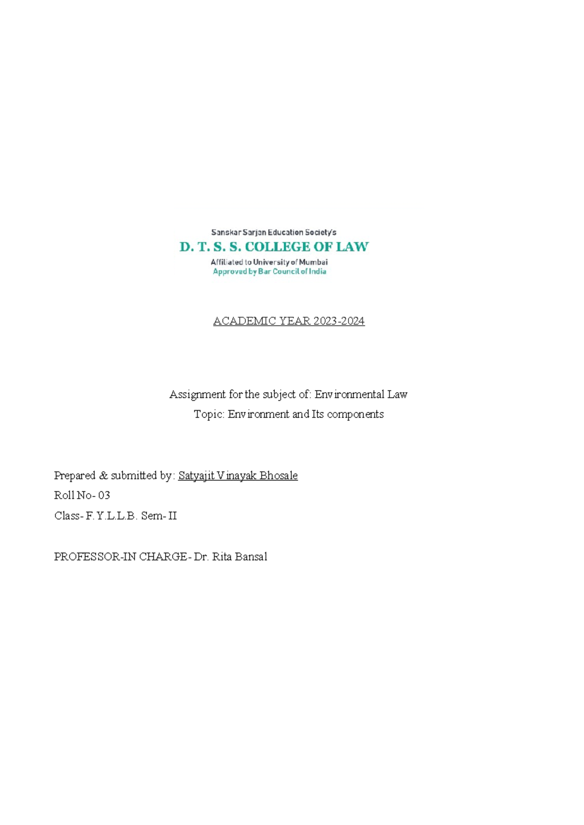 Environment Law Fyllb Sem 2 - ACADEMIC YEAR 2023- Assignment for the ...