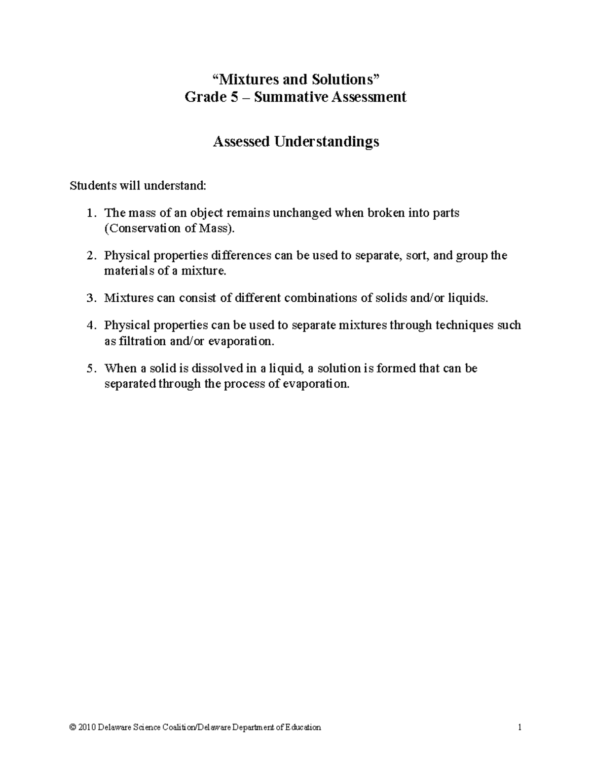 Mixtures Solutions Rubrics 1-10 - “Mixtures and Solutions” Grade 5 ...