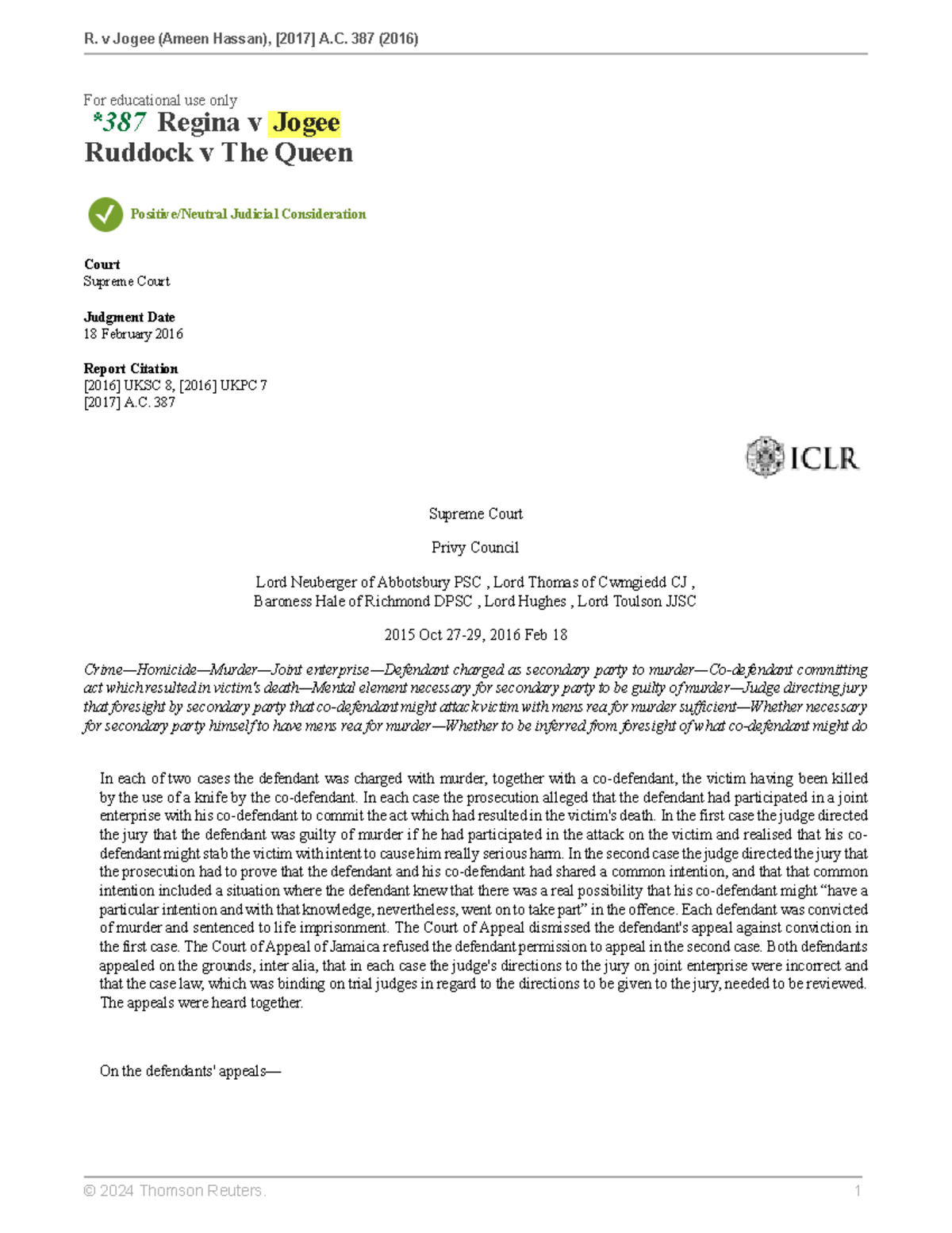 R v Jogee (Ameen Hassan) - For educational use only *387 Regina v Jogee ...