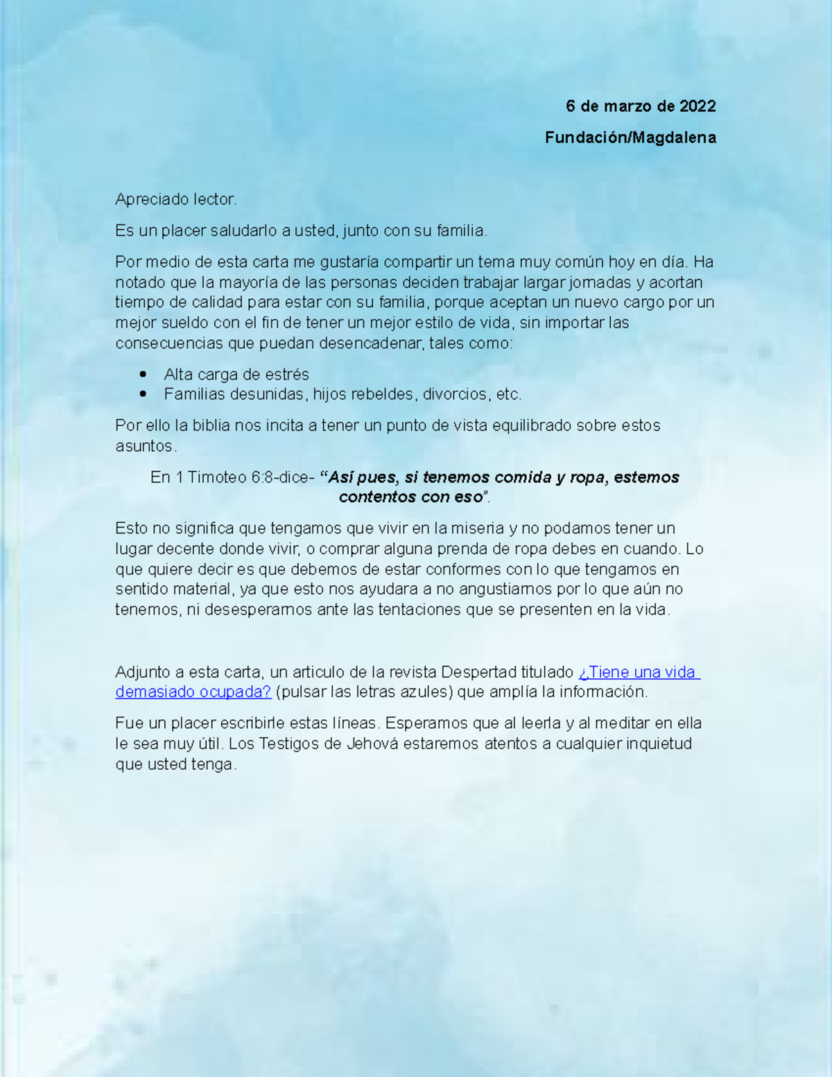 Carta al lector - lectura - 6 de marzo de 2022 Fundación/Magdalena ...