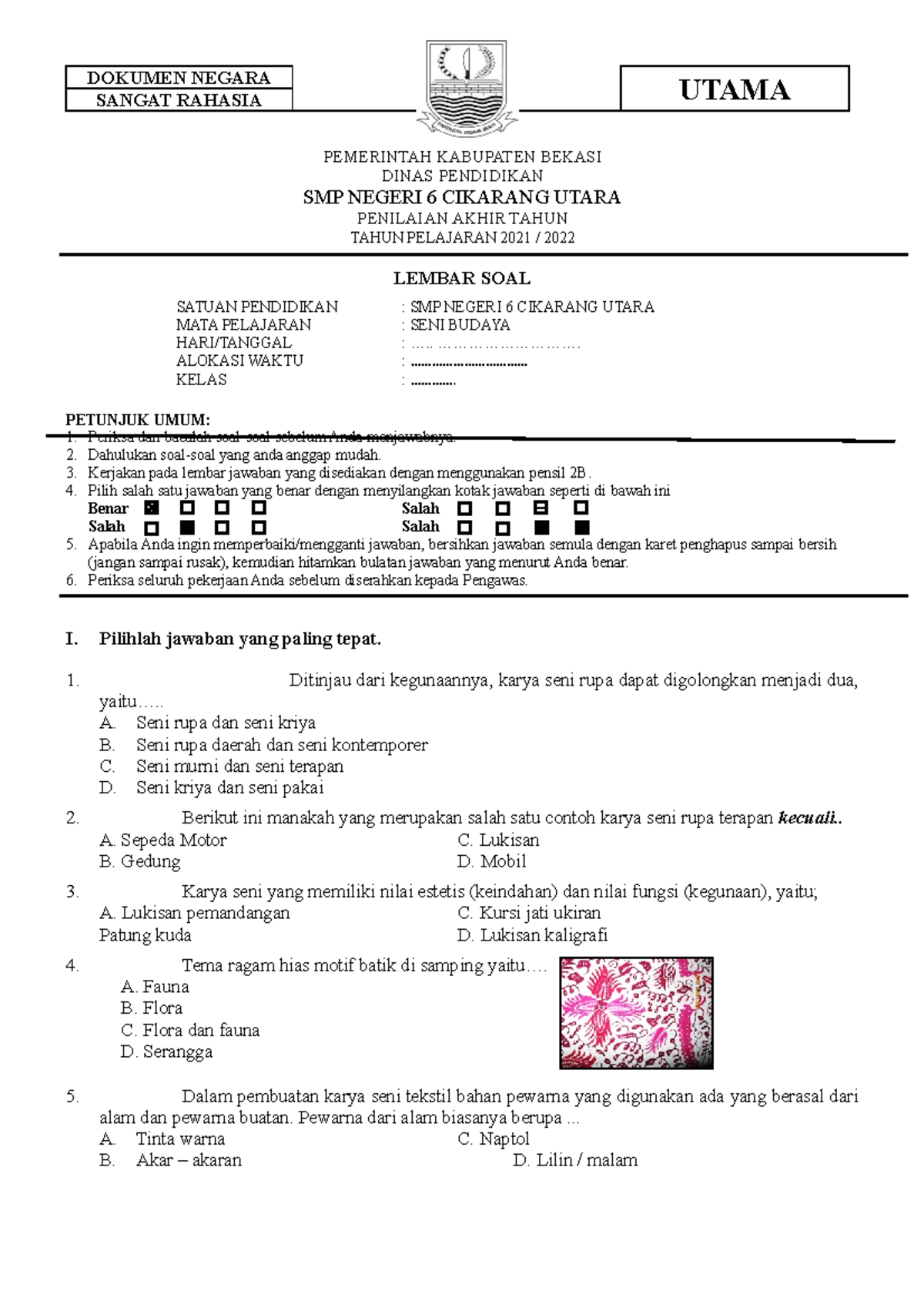SOAL PAT Senbud KLS 7 SMT 2 - DOKUMEN NEGARA SANGAT RAHASIA UTAMA PEMERINTAH KABUPATEN BEKASI ...