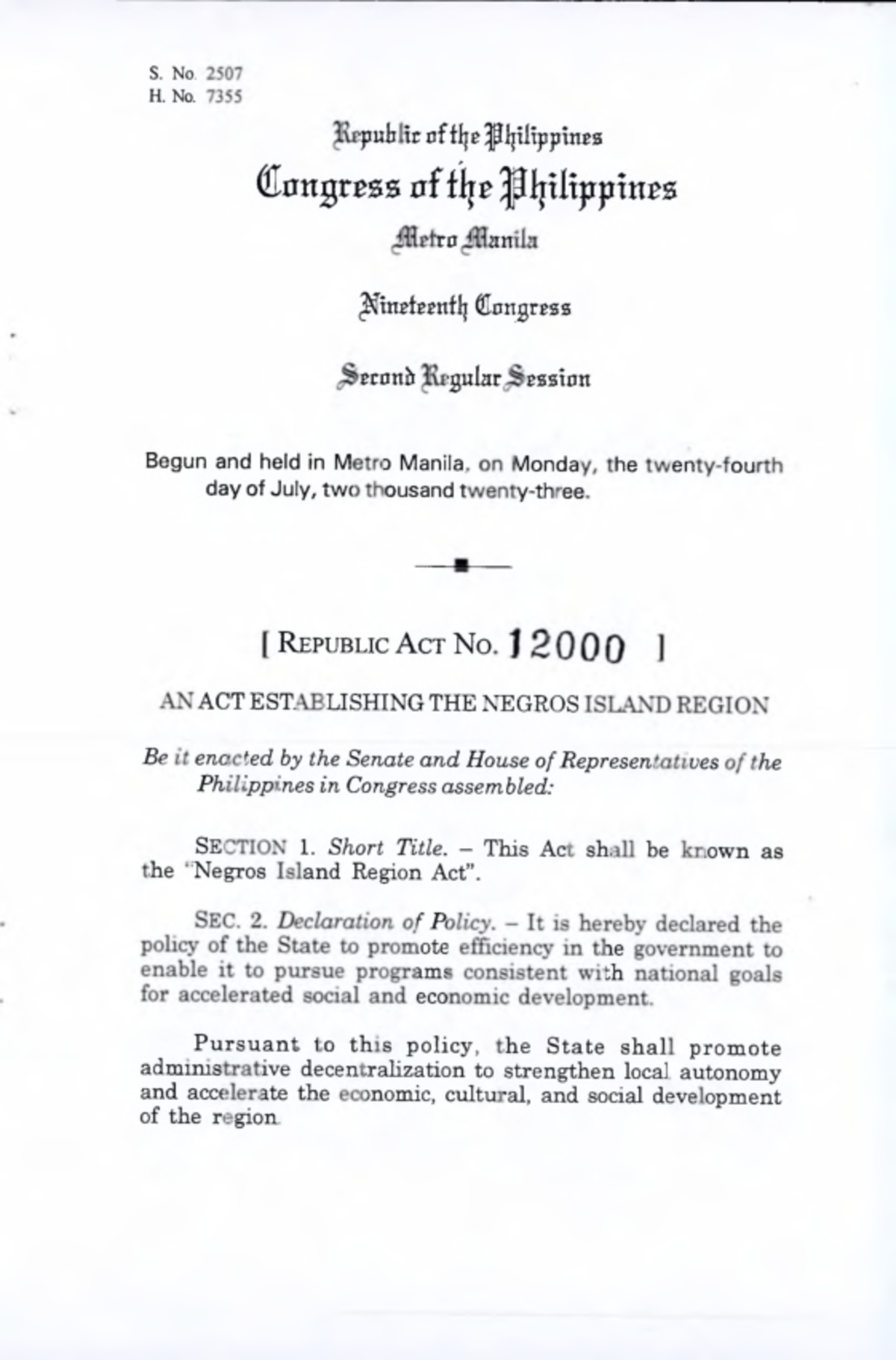 Ra 12000 - S. No. 2507 H. No. 7355 Republic of the Philippines Congress ...
