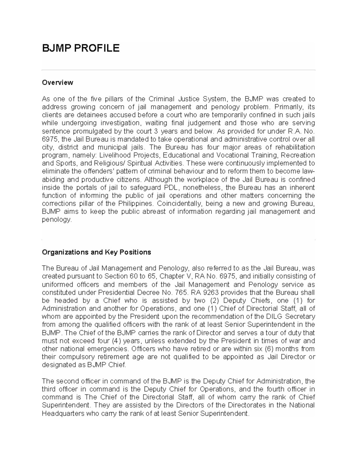 BJMP- Profile- Lesson - BJMP PROFILE Overview As one of the five ...