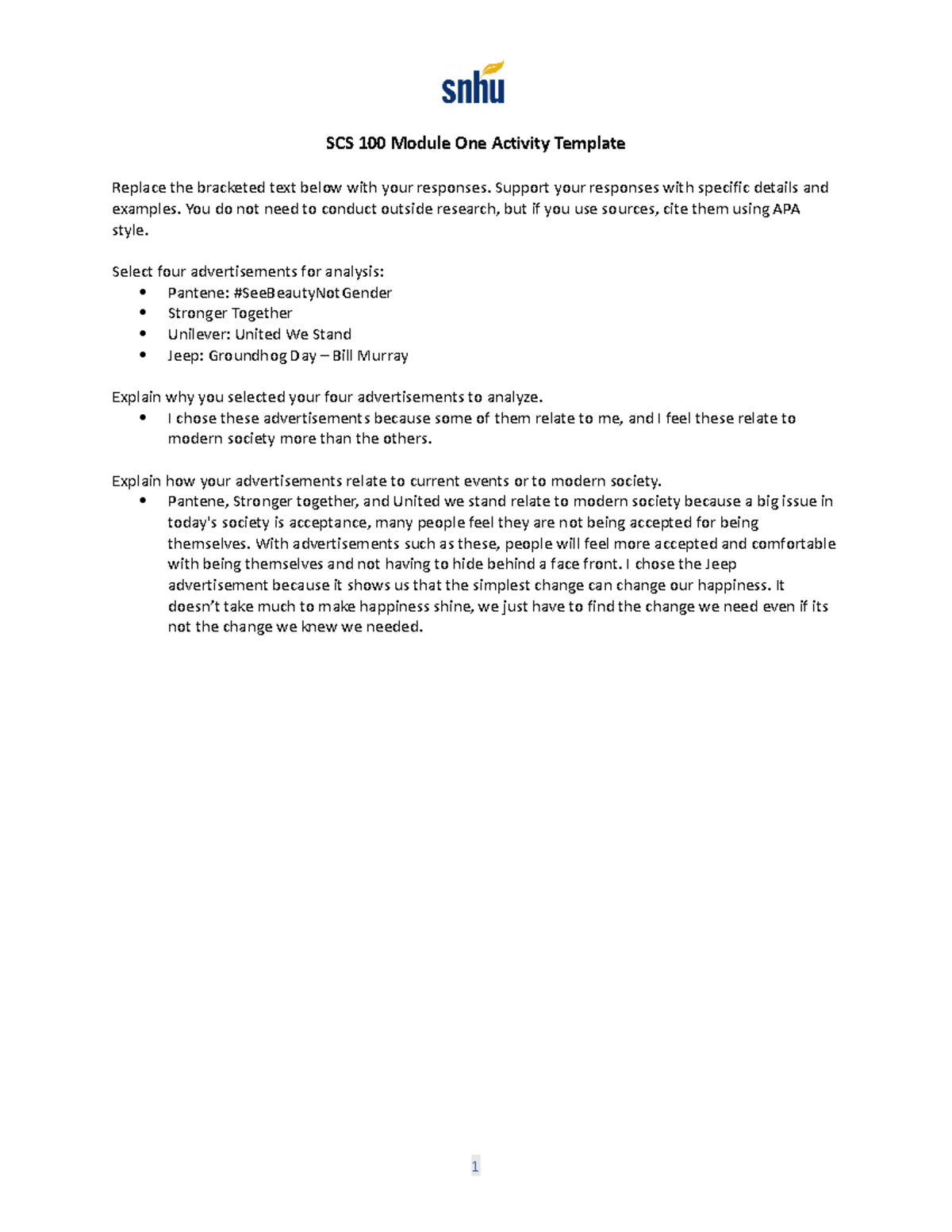1-2 sc - my choices and take on this assignment - SCS 100 Module One ...